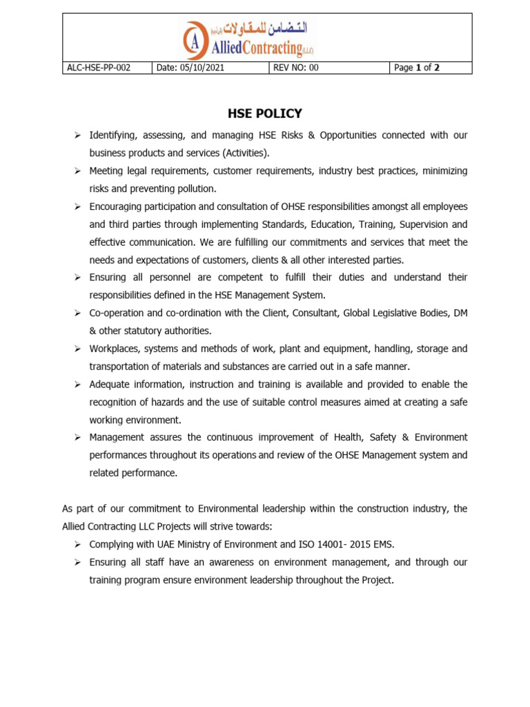 Alc-Hse-Pp-002-Hse Policy - R0 | PDF | Safety | Business