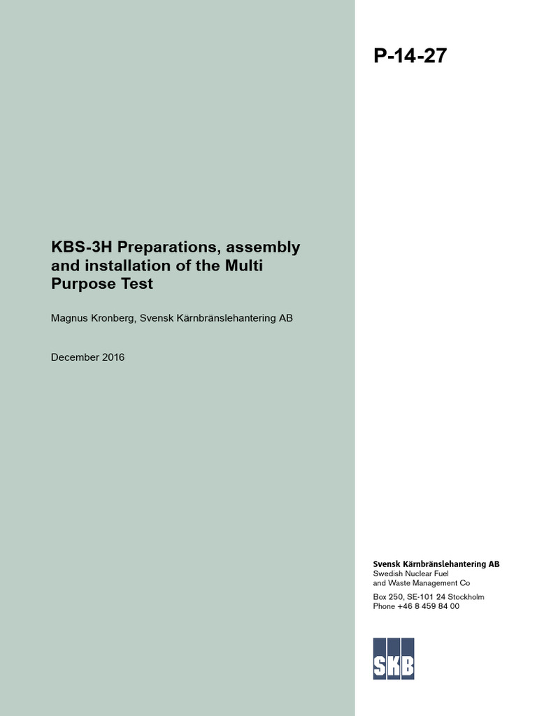 P-14-27 - KBS-3H Preparations, Assembly and Installation of The MPT | PDF