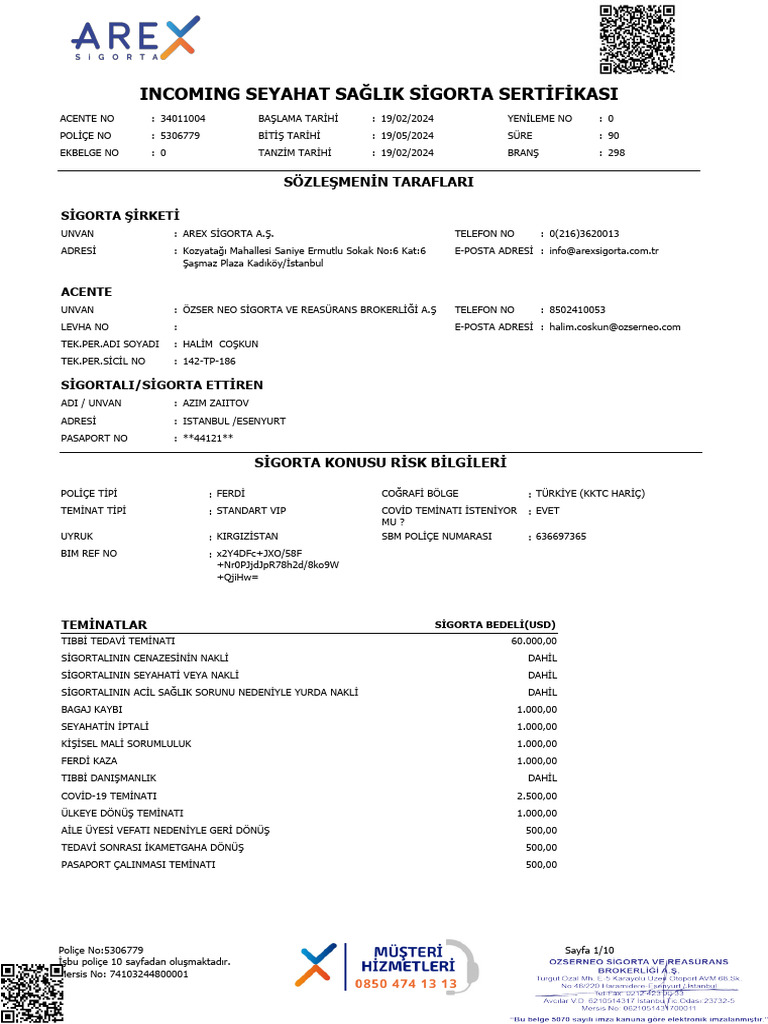 Arex Si̇gorta - 5306779 - Azim Zaiitov | PDF