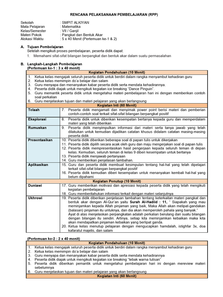 RPP 1 & 2 Bab Pangkat & Bentuk Akar TP 2024 - 2025 | PDF