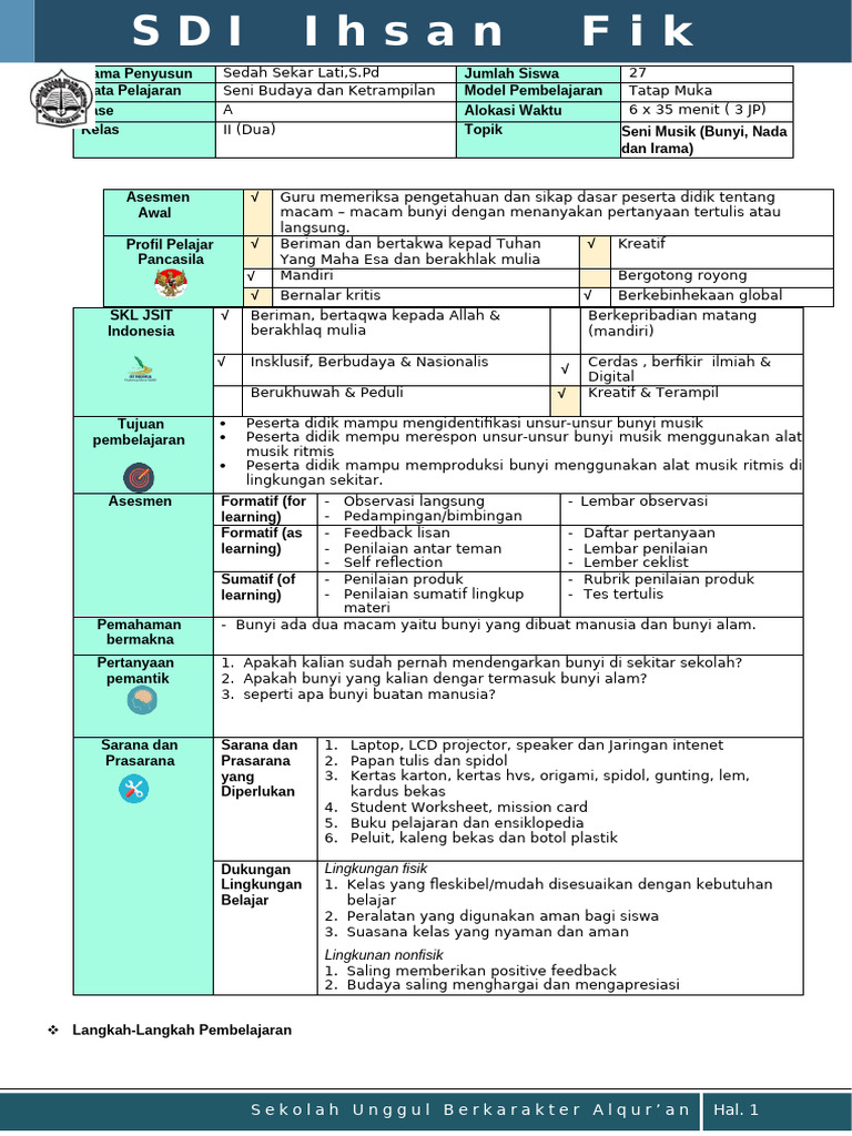 Modul Ajar SBDP Kelas 2 Ta 2425 | PDF