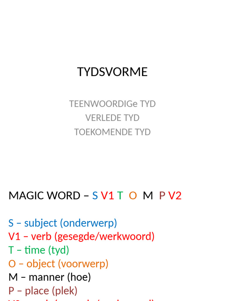 TAALWERK Tydsvorme (Teenwoordig Verlede Toekomend | PDF