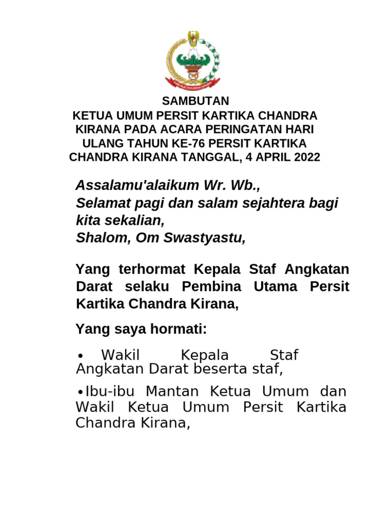 Sambutan Ketum Persit KCK PD HUT Ke-76 Persit | PDF