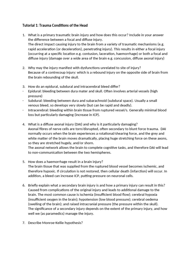 Lecture 1 Study Questions. Trauma Conditions of The Head - Answers | PDF