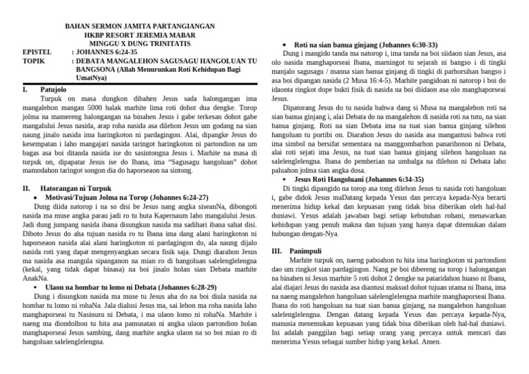 Bahan Sermon Jamita Partangiangan Minggu 04 Agustus 2024 | PDF