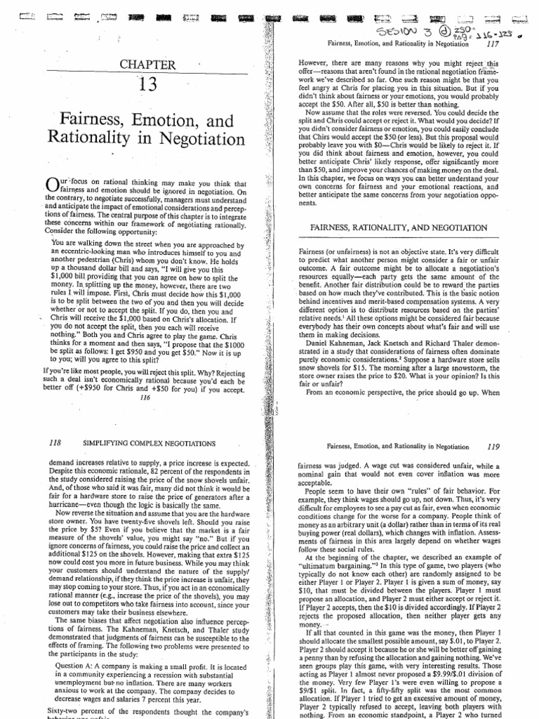 Bazerman y Neale, Fairnes, Emotions and Rationanality | PDF