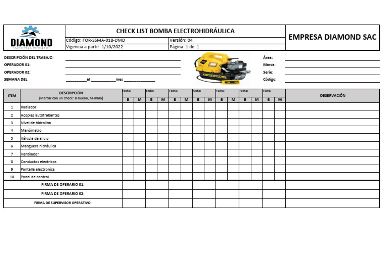 FOR-SSMA-018-DMD - Check List Bomba Electrohidráulica | PDF
