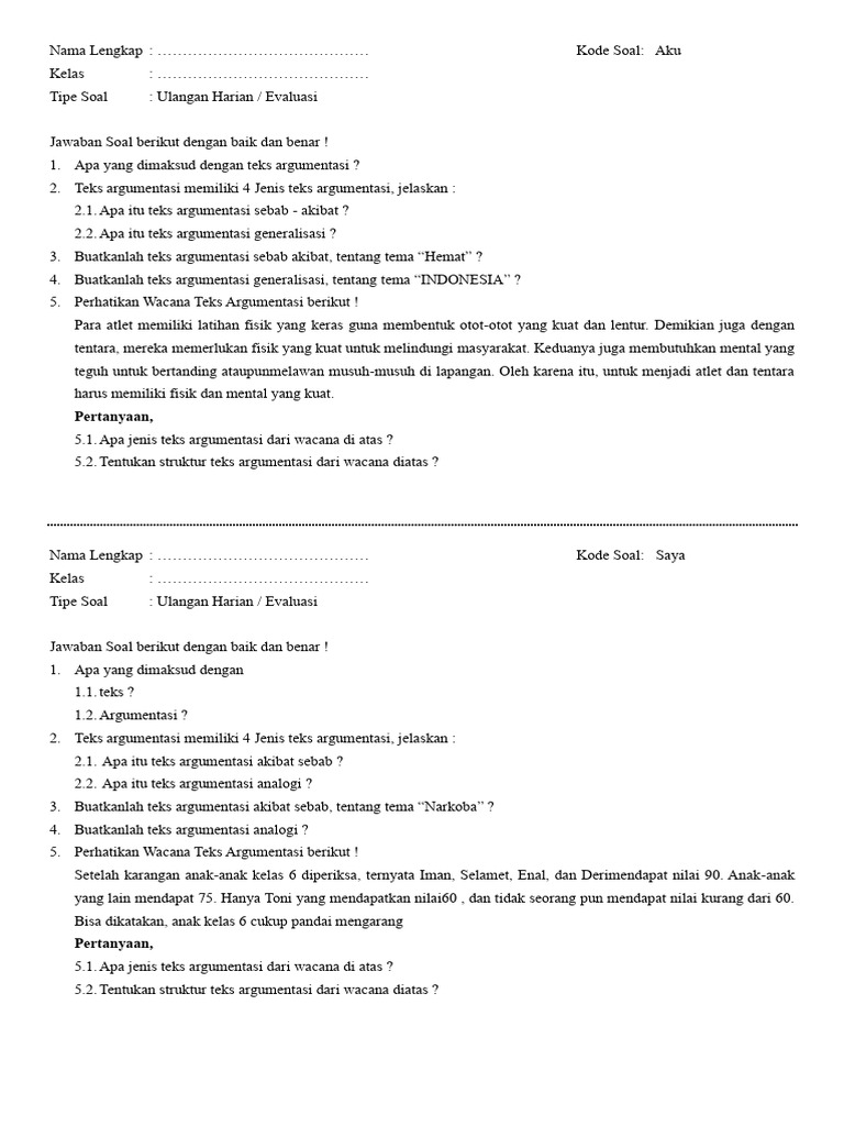 Soal Ulangan Harian Uraian Singkat - Teks Argumentasi | PDF
