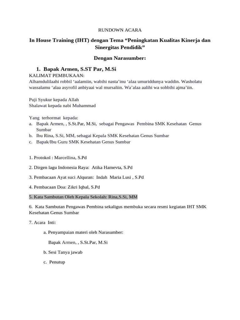 Rundown Acara Iht Kosp Kurmer 2024-2025 | PDF