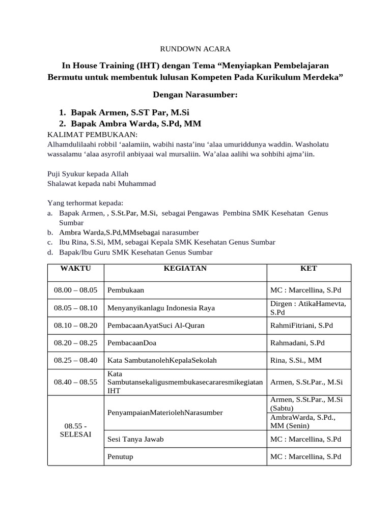 RUNDOWN ACARA IHT KOSP KURMER 2023-2024ok | PDF