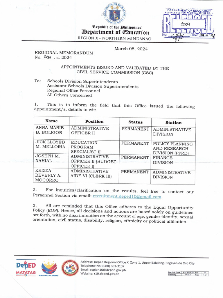 RM - 231 - Appointments Issued and Validated by The Civil Services ...