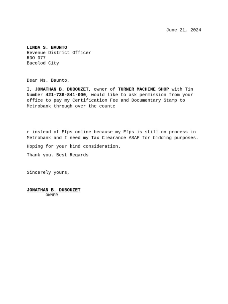 Letter for Pay Over the Counter | PDF