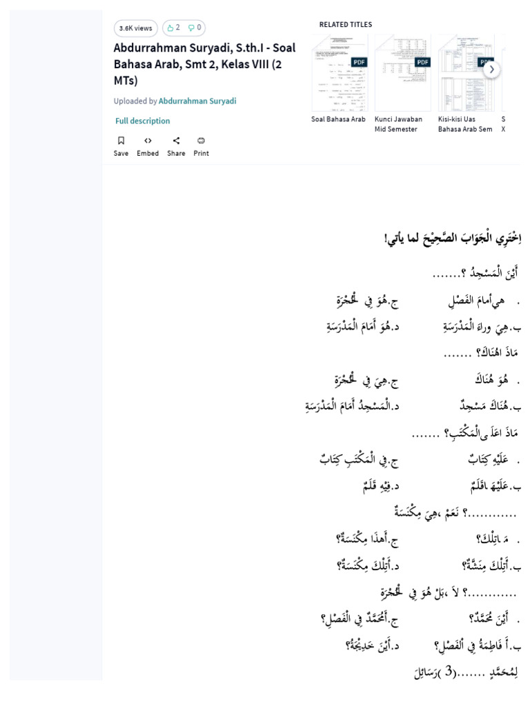 PDF Abdurrahman Suryadi Sthi Soal Bahasa Arab SMT 2 Kelas VIII 2 Mts - Compress | PDF