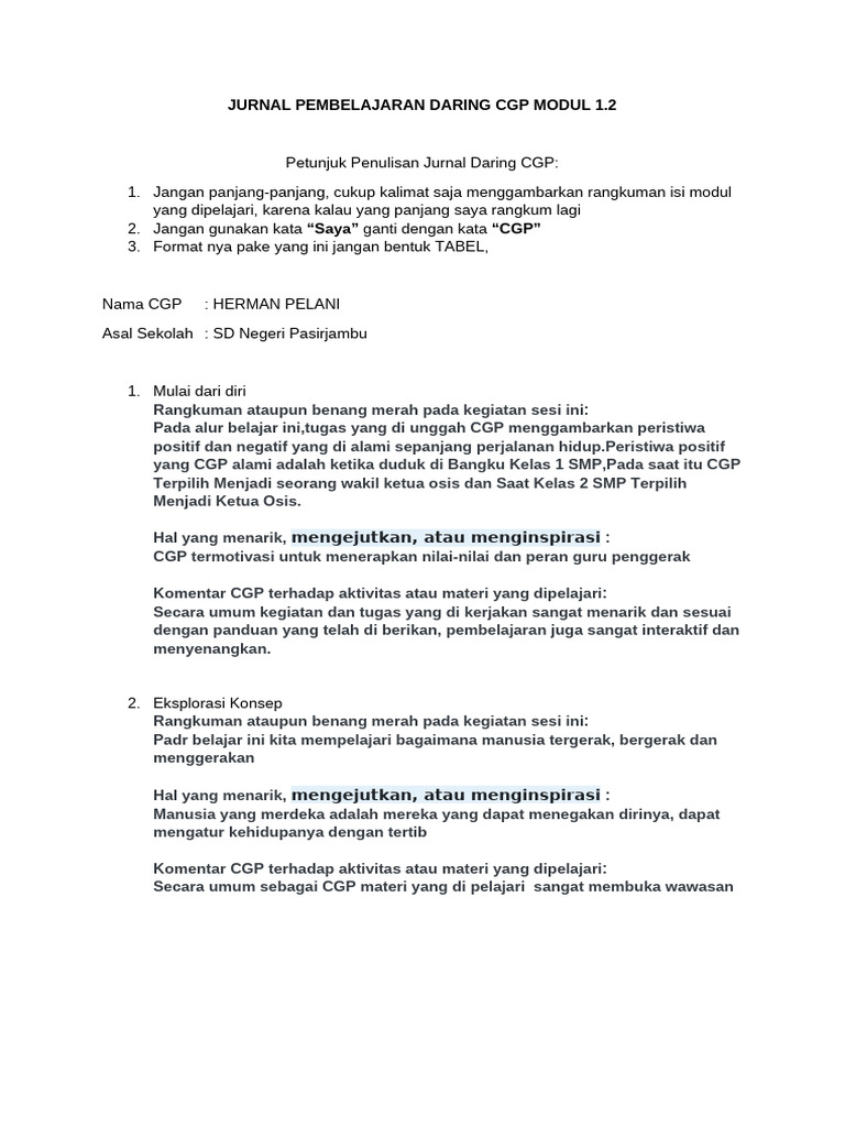 Jurnal Pembelajaran Daring CGP Modul 1.2 Herman Pelani | PDF