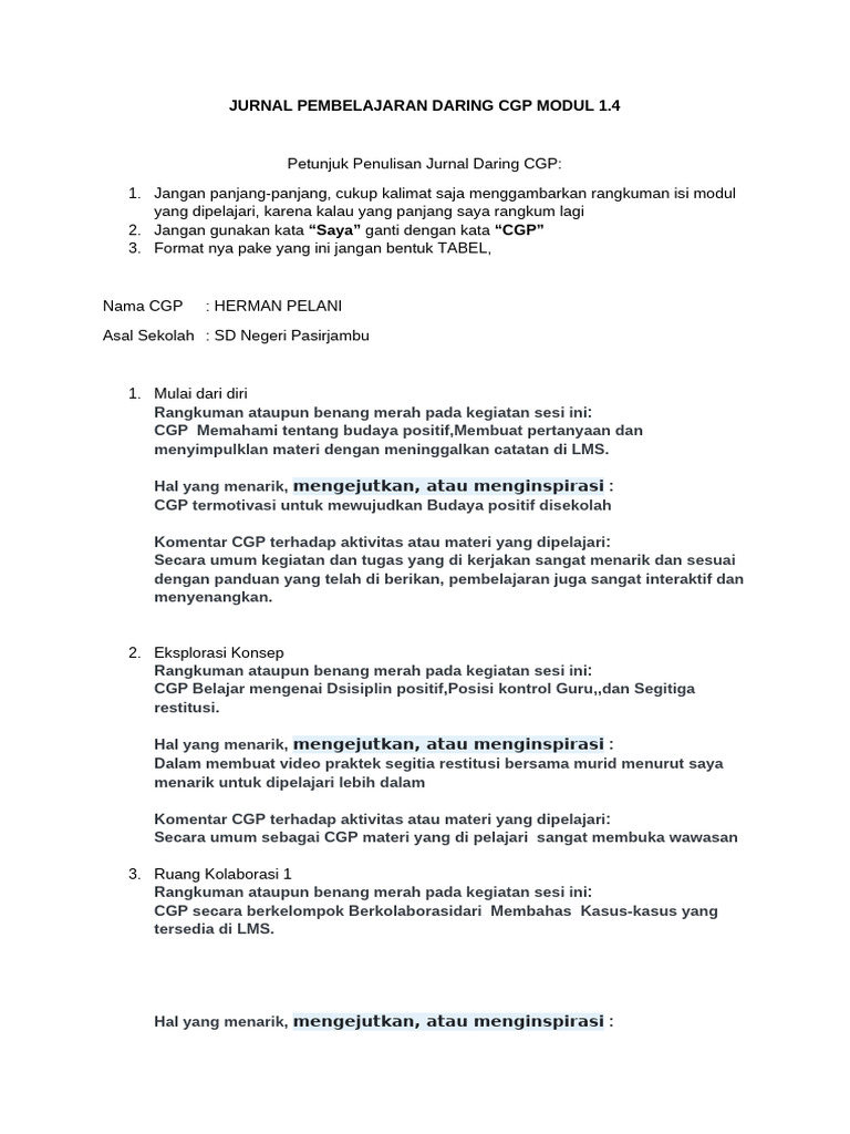 Jurnal Pembelajaran Daring CGP Modul 1.4 Herman Pelani | PDF
