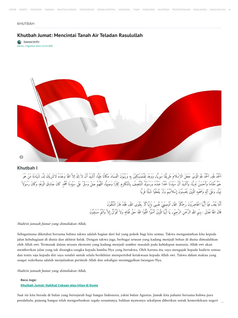 Khutbah Jumat - Mencintai Tanah Air Teladan Rasulullah - NU Online ...
