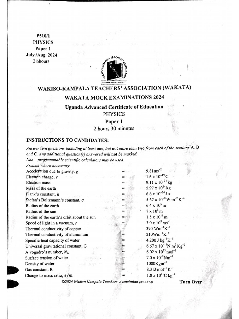 Wakata Mock Phy 1 A 2024 | PDF