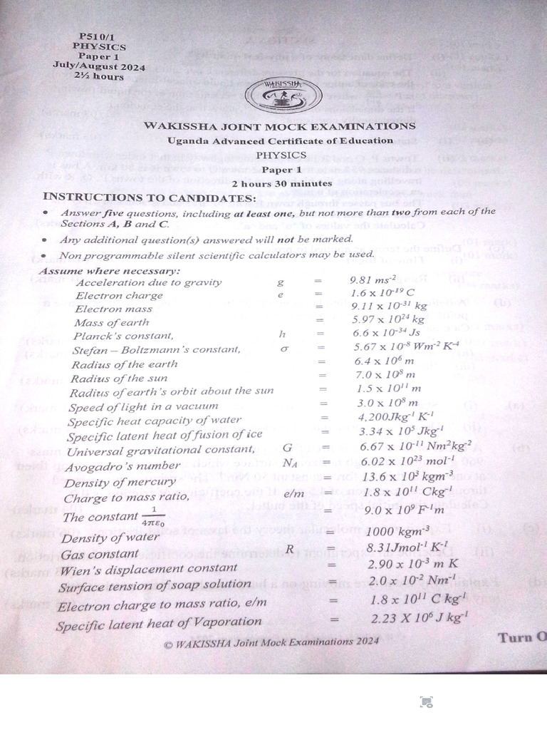 UACE WAKISHA Phy p1 2024 | PDF