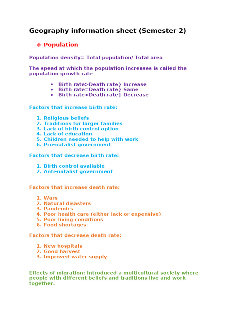 Geography Information Sheet (Semester 2) | PDF