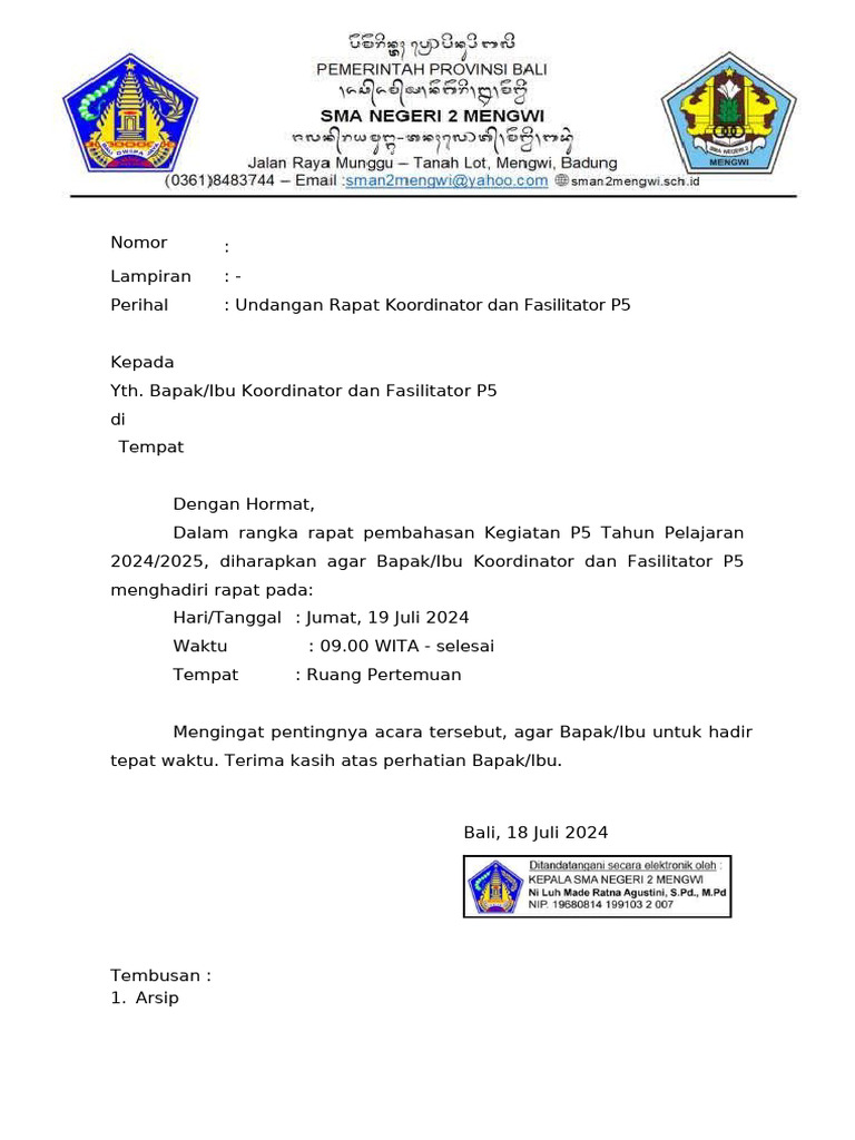 Surat Undangan Rapat P5 19 Juli 2024 | PDF