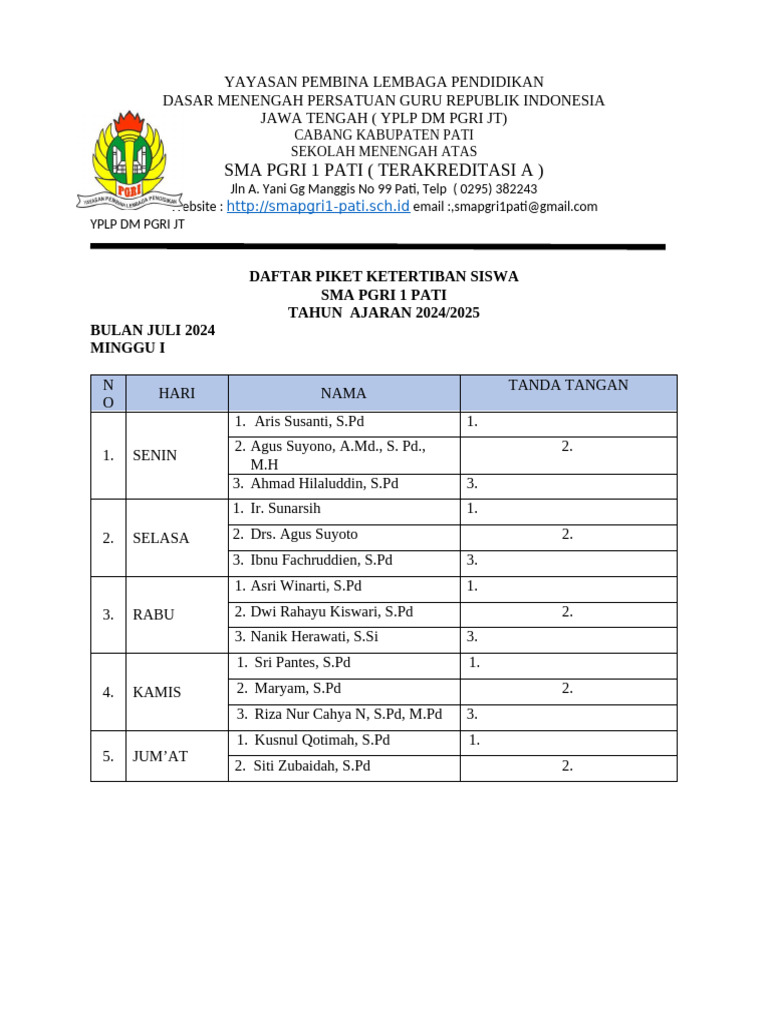 Daftar Piket Guru Juli 24 Oye Pdf