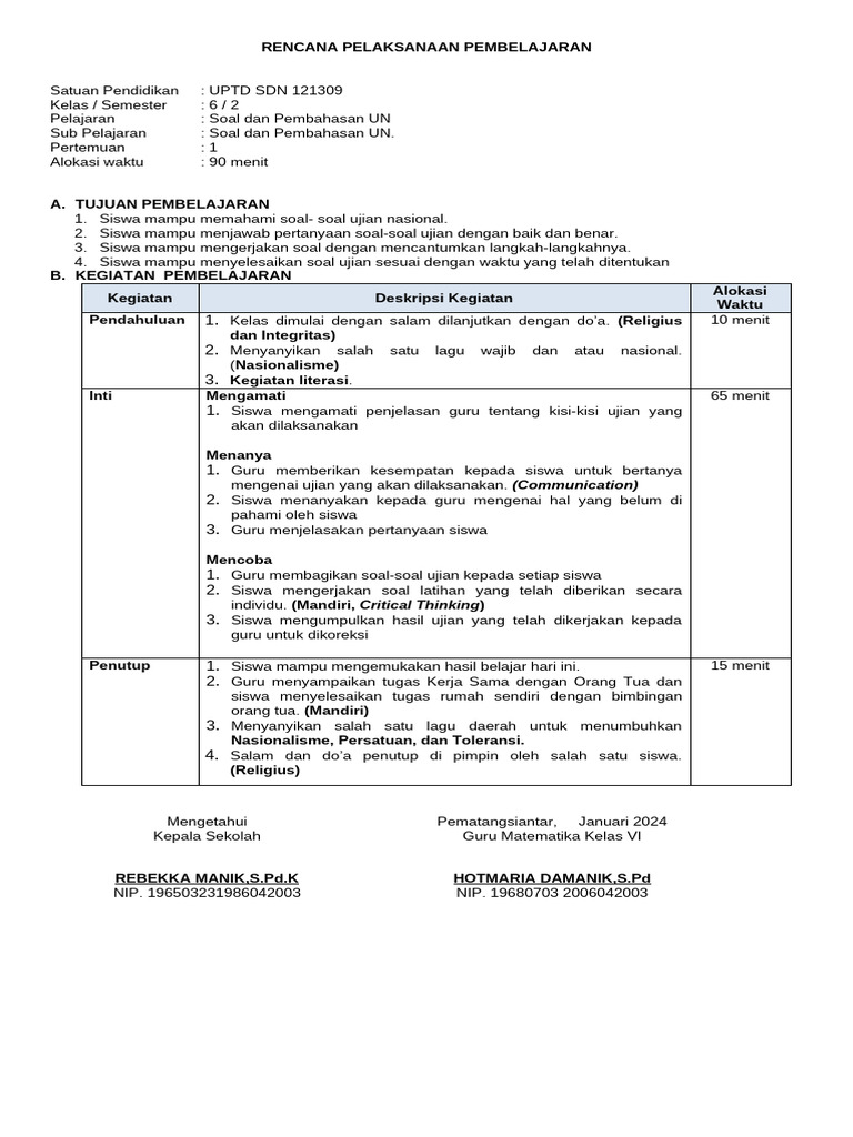 RPP MTK Kelas 6 SM 2 - Soal Dan Pembahasan UN | PDF