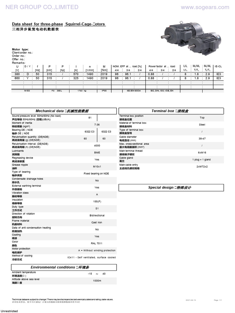 Data Sheet For Three-Phase Squirrel-Cage-Motors: Mechanical Data ...
