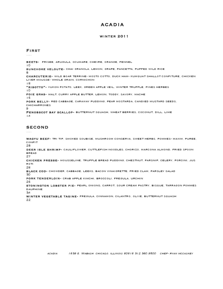 Acadia Winter 2011 Menu Highlights | PDF