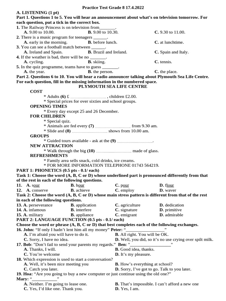 Practice Test Grade 8 17.4.2022 | PDF