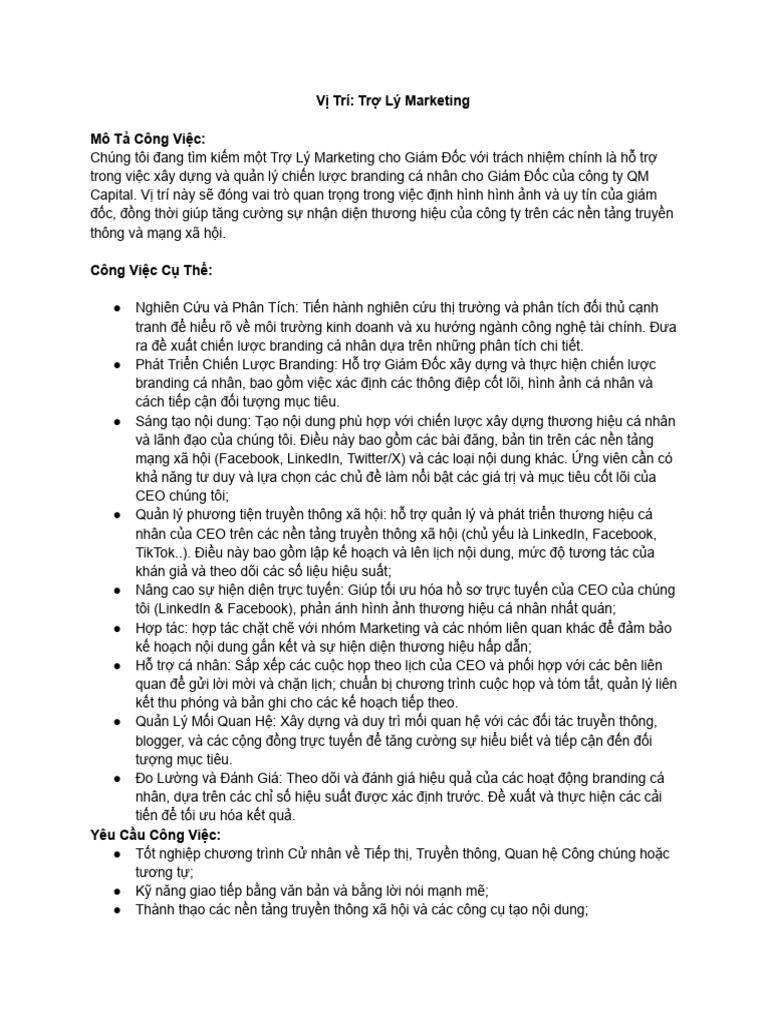 JD TR Lý Marketing | PDF