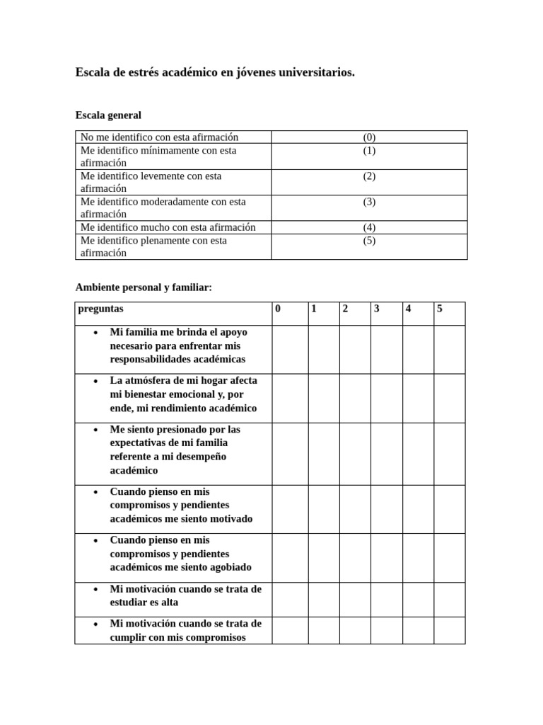Escala de Estrés Académico en Jóvenes Universitarios - Borrador | PDF