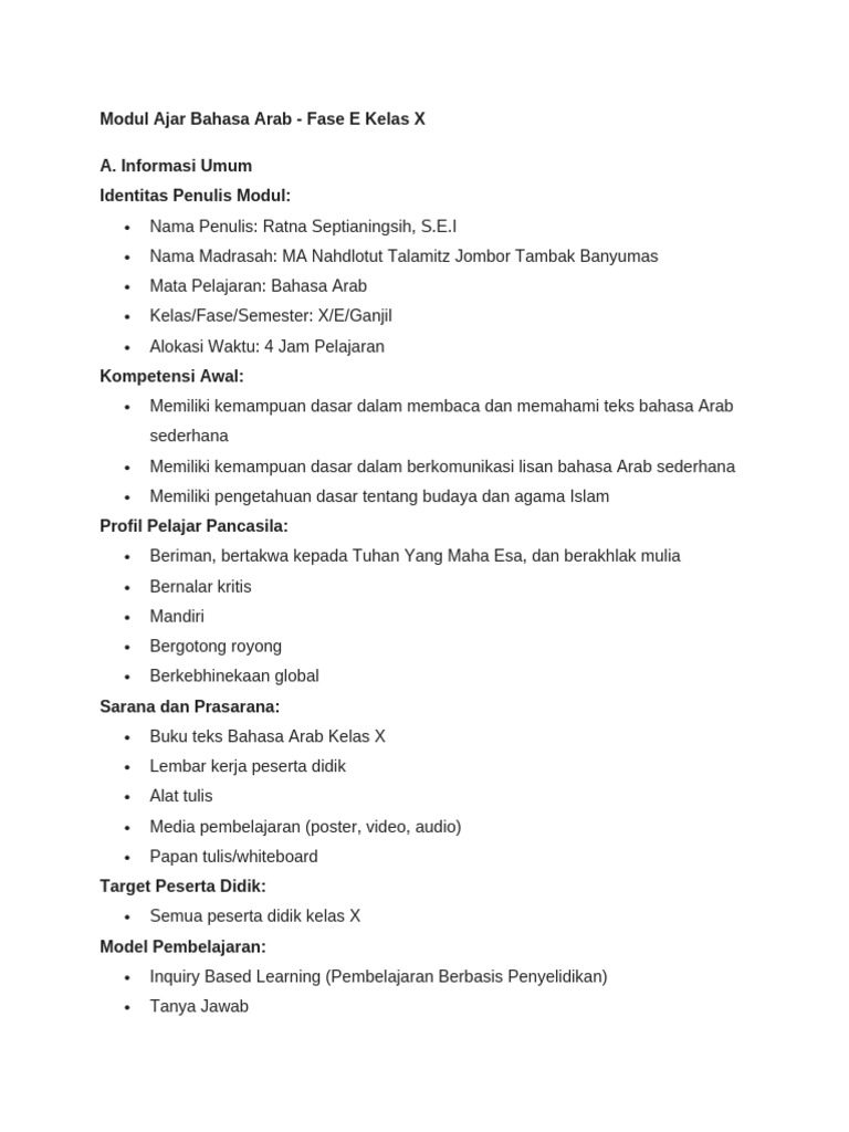 Modul Ajar Bahasa Arab Fase E-X | PDF