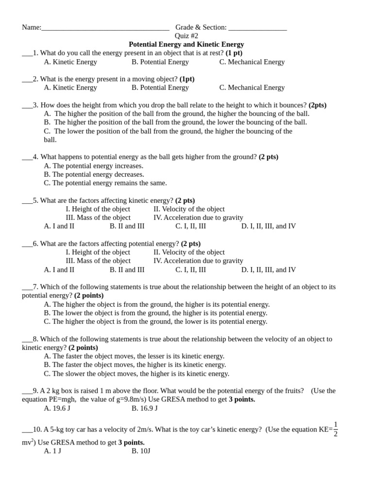 Q1 - Quiz 2 - Potential and Kinetic Energy - SOLO | PDF