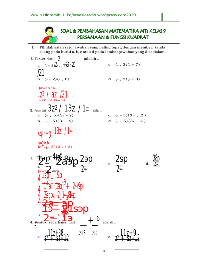 PDF Soal Amp Pembahasan Persamaan Dan Fungsi Kuadrat Matematika Kls 9 | PDF