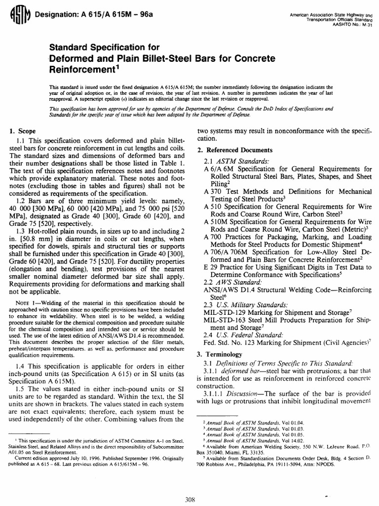 ASTM A615 A615M Standard Specification For Deformed and Plain Carbon-Steel Bars For Concrete ...