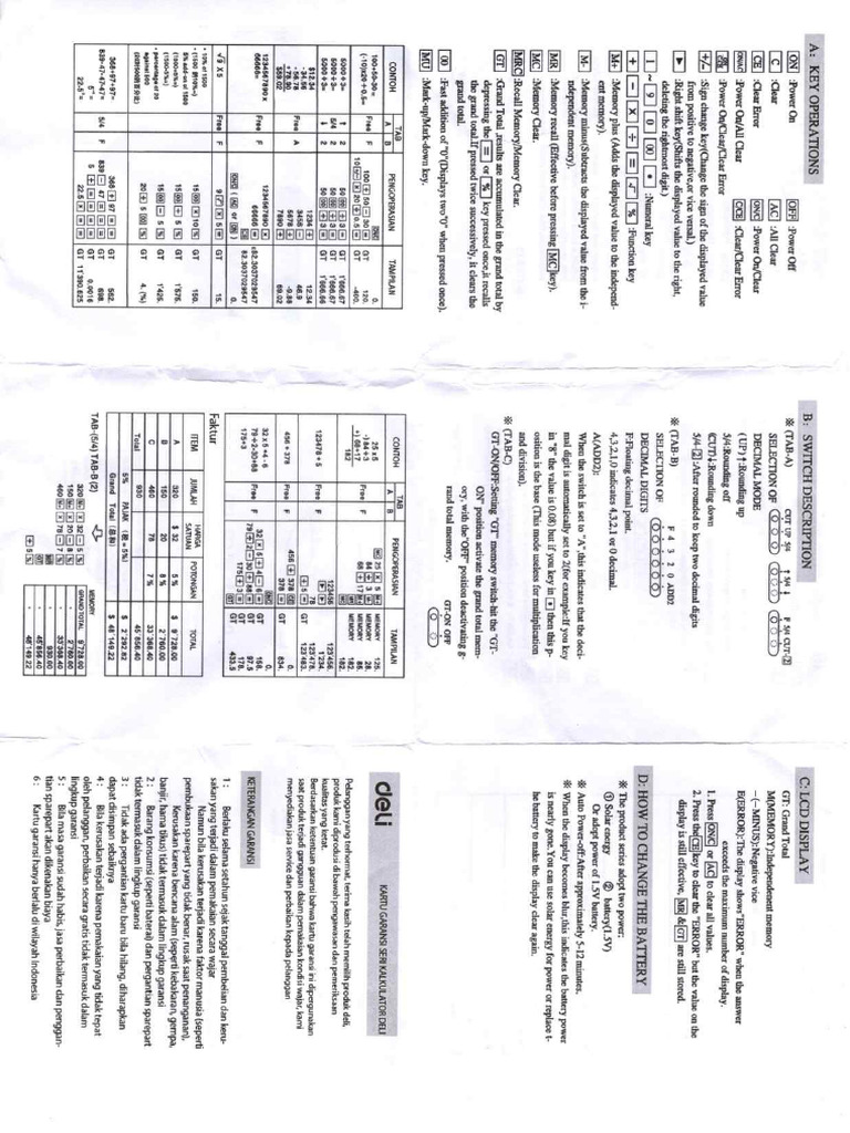 Panduan Manual Deli Calculator | PDF