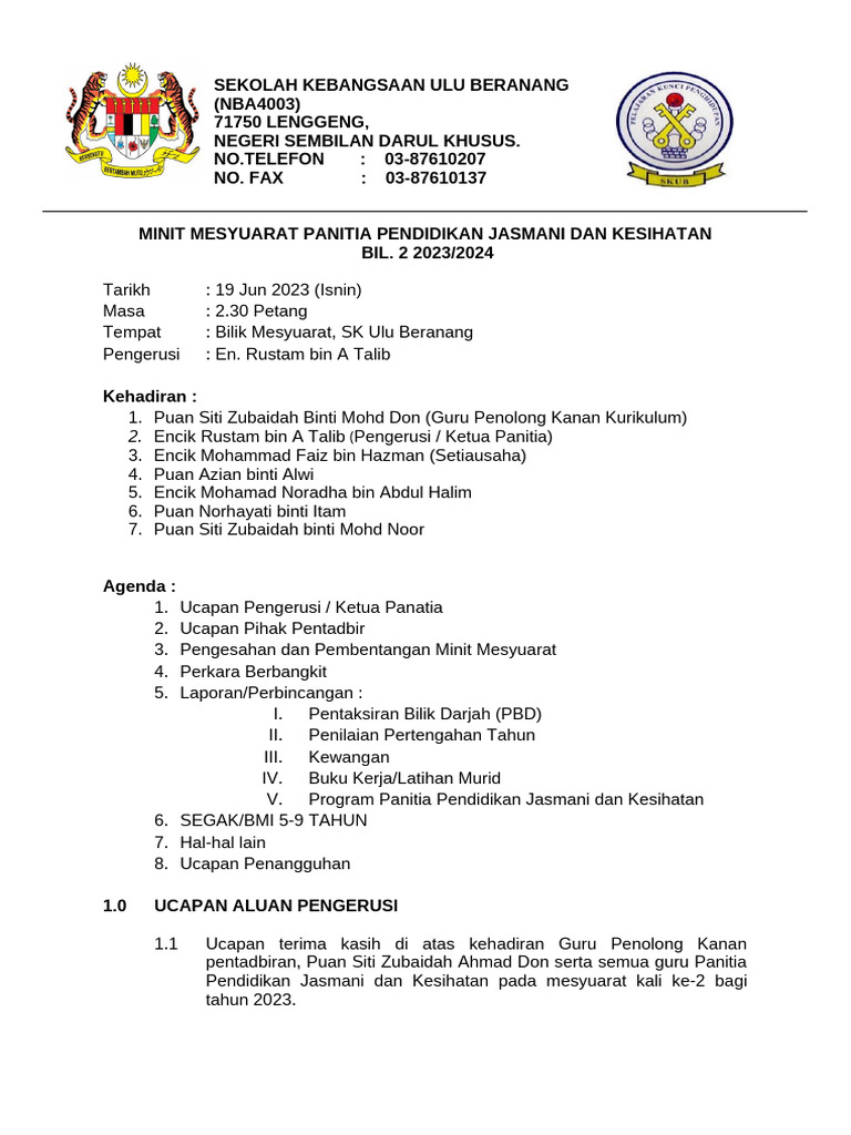 Minit Mesyuarat Panitia Pendidikan Jasmani Dan Kesihatan Bil 2 2023 - 2024 | PDF