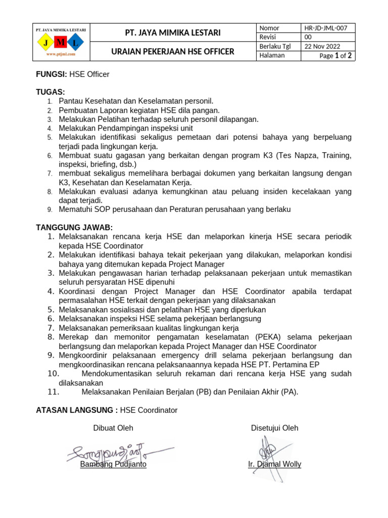 Job Deskripsi HSE Officer | PDF