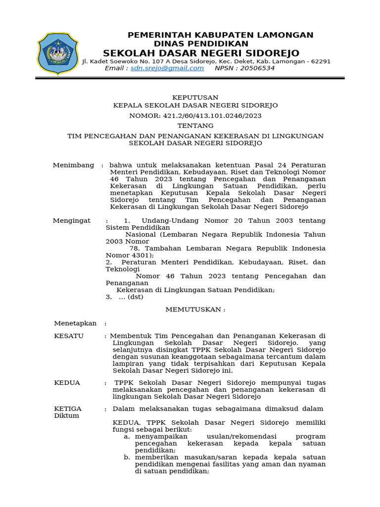 Lampiran 2 - Contoh SK Kepala Satuan Pendidikan Pembentukan TPPK | PDF