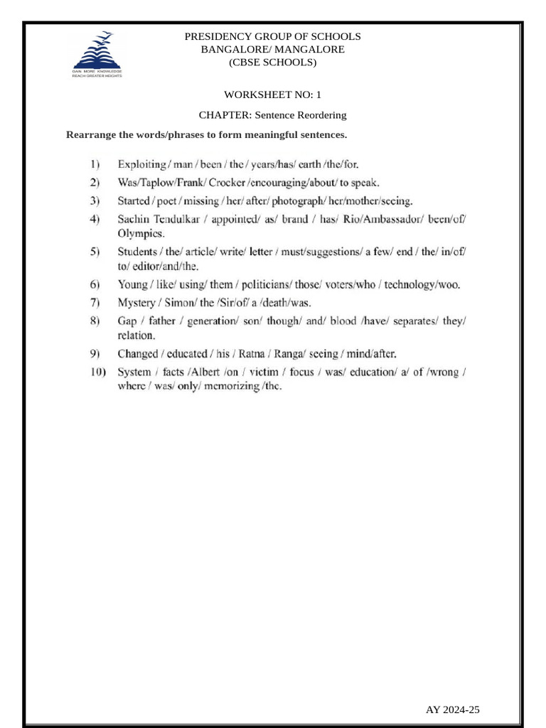 Worksheet 4 Sentence Reordering | PDF