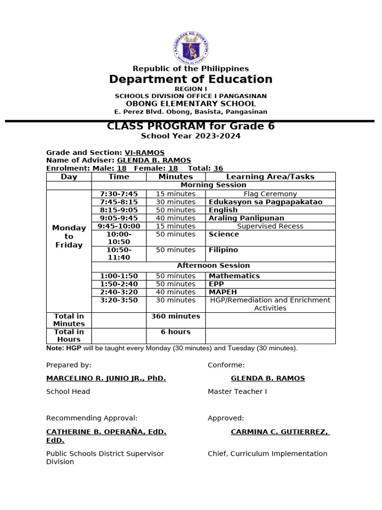 Class & Teacher's Program - Grade 6 - 2023-2024 | PDF