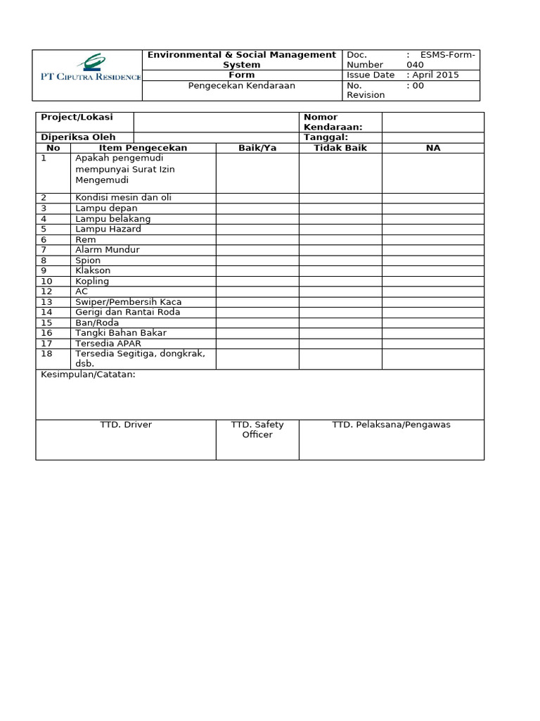 ESMS-ForM-040-Checklist Pemeriksaan Kendaraan Proyek | PDF