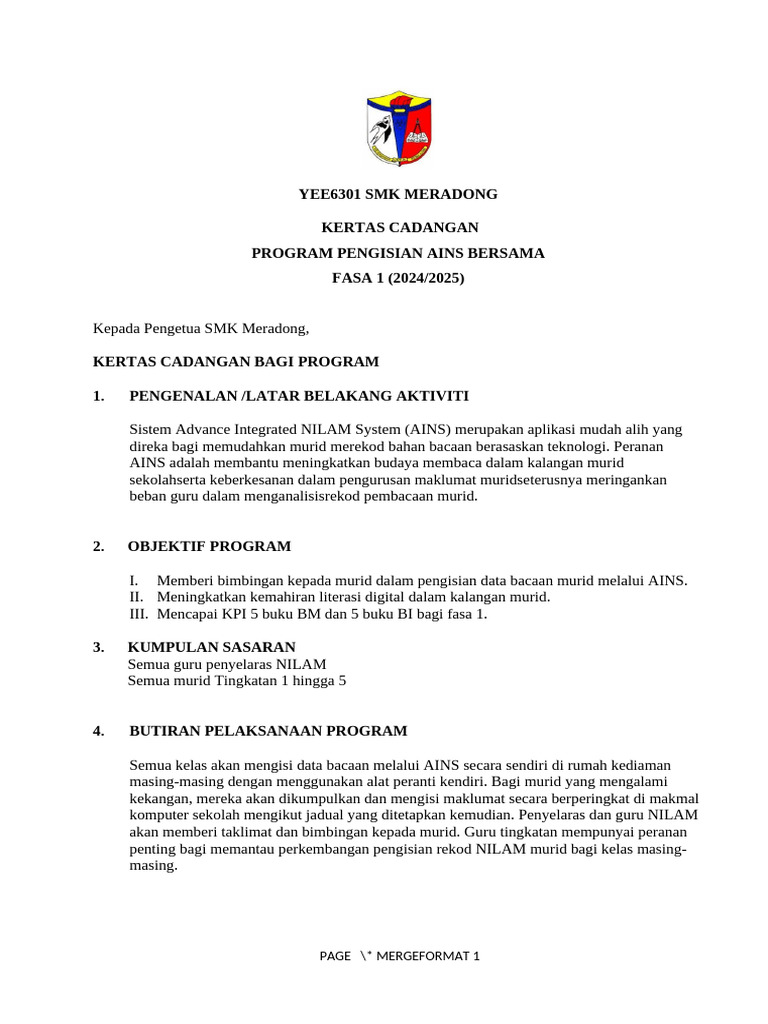 Kertas Cadangan Program Pengisian AINS Bersama - Terkini | PDF