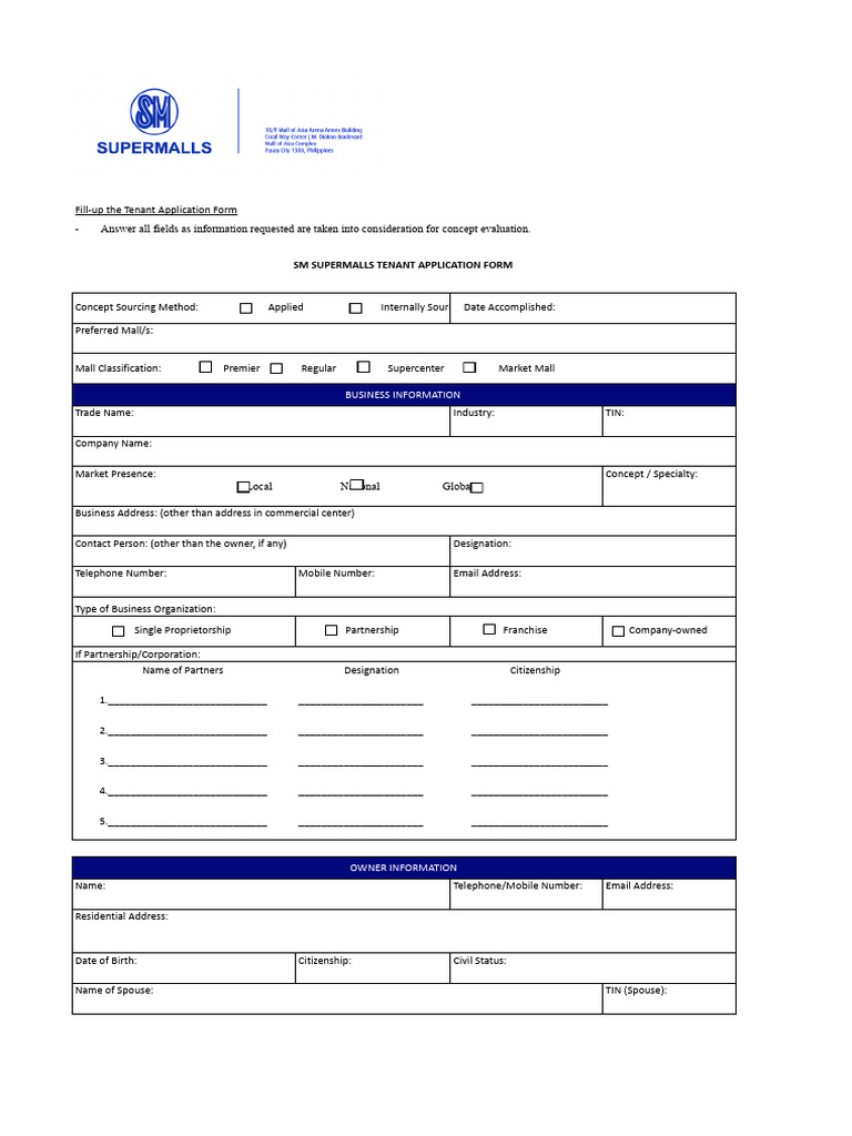MEGAMALL - Tenant Application Form | PDF