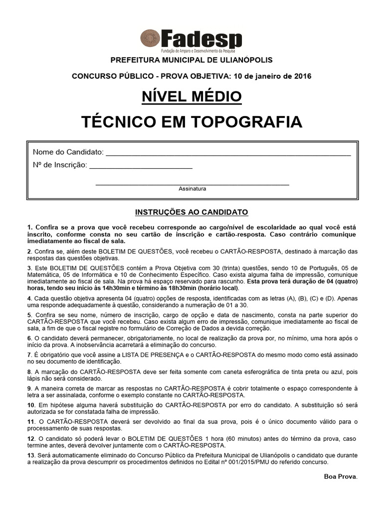 PROVA DE TENICO EM TOPOGRAFIA - Nivel Medio | PDF