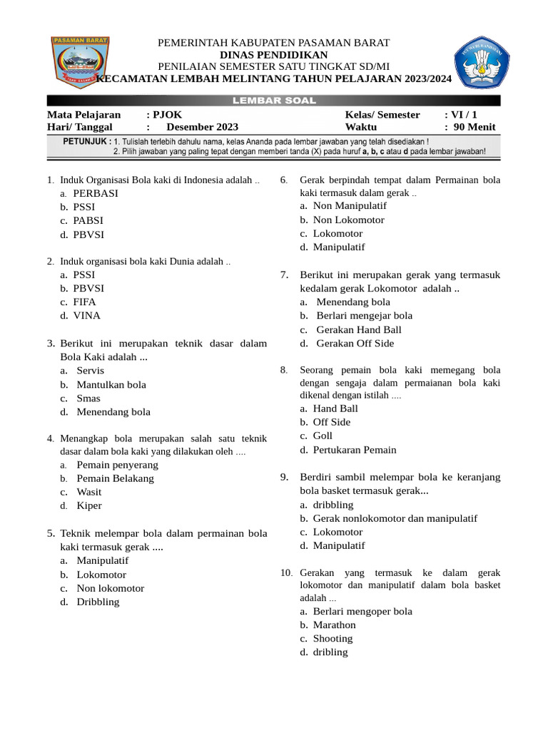 Naskah Soal Pjok KLS 6 | PDF