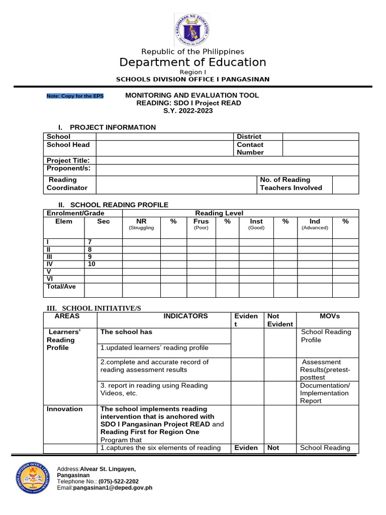 Reading Monitoring and Evaluation Tool English | PDF