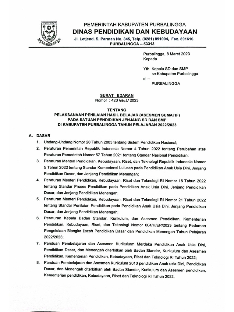Surat Edaran Kadindikbud Tentang Pelaksanaan Penilaian Hasil Belajar (Asesmen Sumatif) Pada ...
