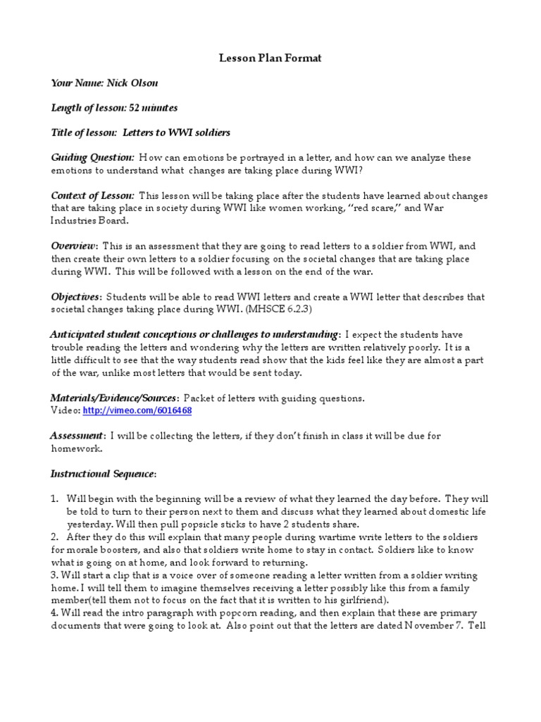 WWI Soldier Letters Lesson Plan | PDF | Lesson Plan | Educational ...