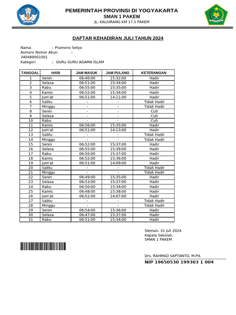 DRAF - KEHADIRAN - GURU - DAN - PENGAWAS BLN Juli | PDF